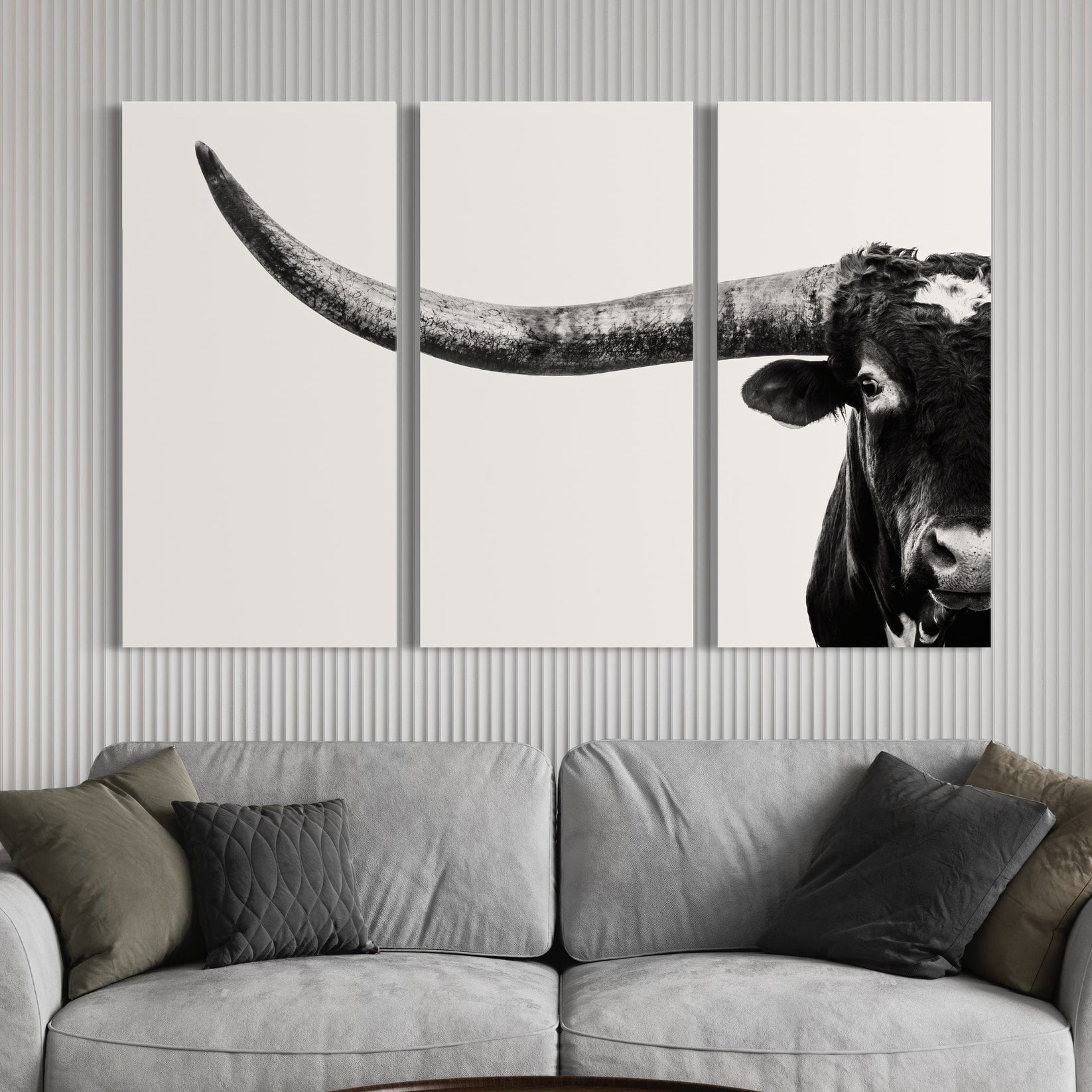 3 Piece Black and White Longhorn: Triptych Canvas Art - Teri James ...