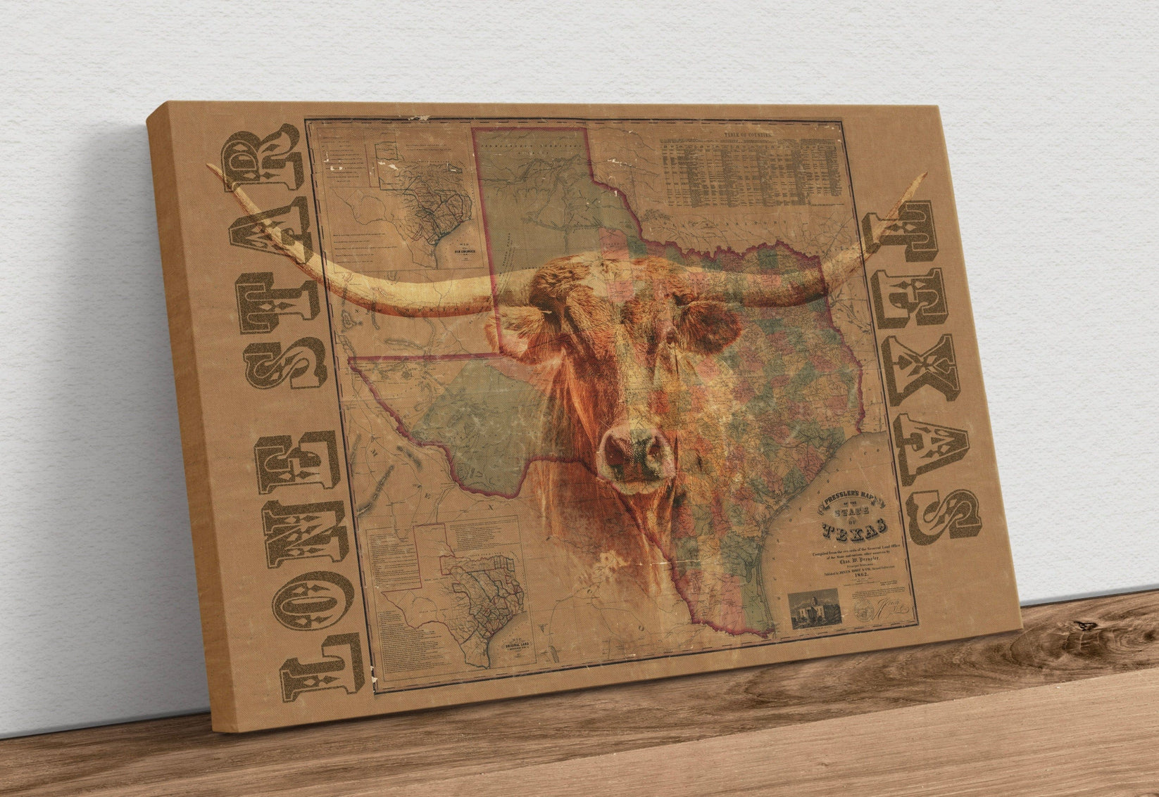 Texas Wall Art Map & Longhorn - Teri James Photography